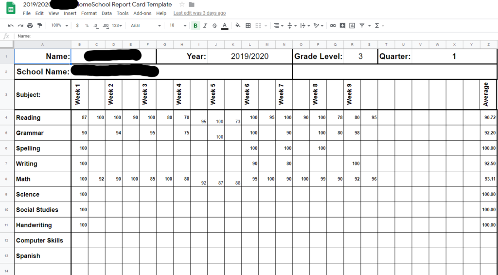 Homeschool Report Card and Gradebook Template — Entirely at Home